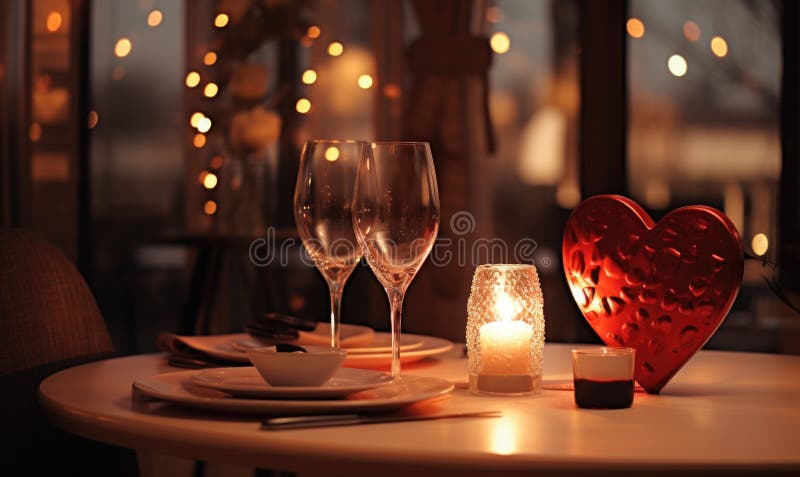 Romantic Dinner Table Setting with Candles and Heart on Wooden Table in ...