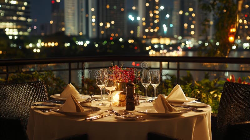 Romantic Dinner Table Setting with City Lights in the Background Stock ...