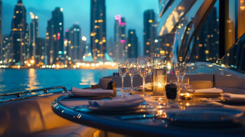 Romantic Dinner Table Setting with City Lights in the Background Stock Illustration ...