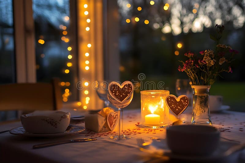 Romantic Dinner Table Setting with Glowing Candles, Heart-shaped ...