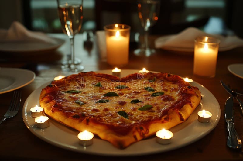 Romantic Dinner Table Setting with Heart-shaped Pizza, Candles, and ...
