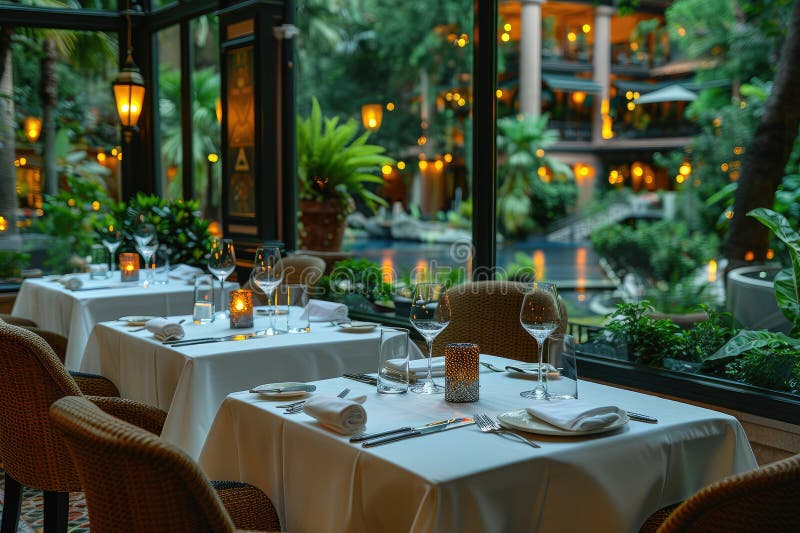 Romantic Dinner Table Setting in Luxurious Restaurant with Garden View ...