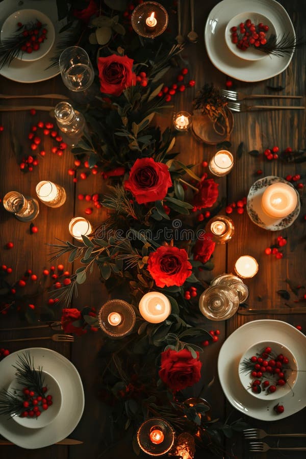 Romantic Dinner Table Setting at Night with White Tablecloth, Red Roses ...