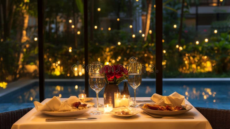Romantic Dinner Table Setting with Pool and String Lights View Stock ...