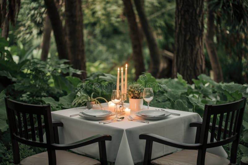 Romantic Dinner Table Setting Surrounded by Lush Greenery and ...
