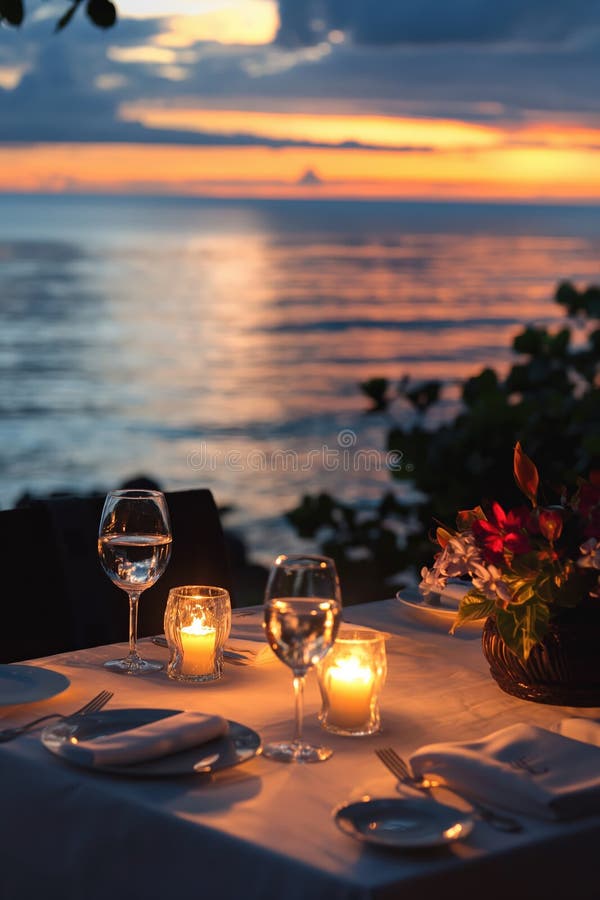 Romantic Dinner Table Setting for Two at Sunset on Tropical Beach Stock ...