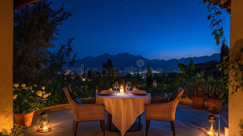 Romantic Dinner Table Under a Starry Night Sky with Mountain View Stock ...