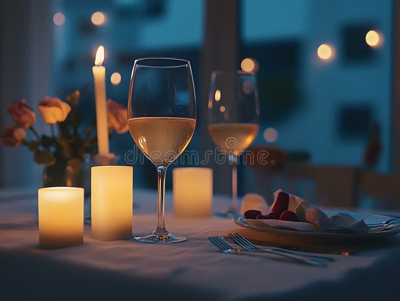 A Romantic Dinner for Two with Candlelight and Wine Stock Illustration ...