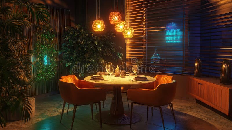 Romantic Dinner for Two in a Dimly Lit Restaurant with Tropical Plants ...