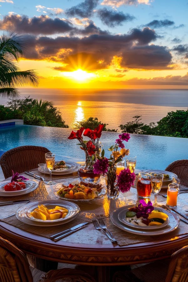 Romantic Dinner for Two by the Infinity Pool at Sunset Stock ...