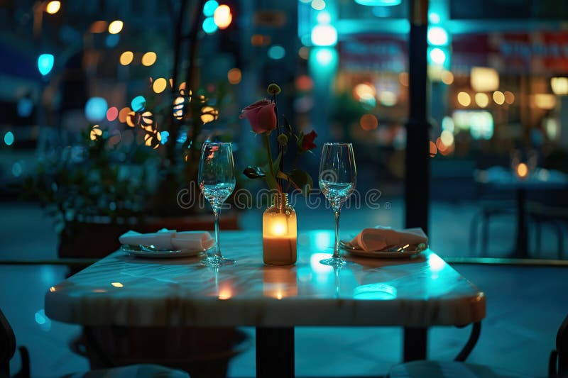 Romantic Dinner for Two at a Restaurant with City Lights Stock ...