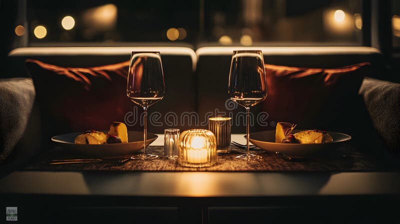 Romantic Dinner Date Candlelit Table Wine Glasses Dessert AI Generated ...