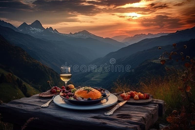 Romantic Dinner with View of Mountain at Sunset. Generative AI Stock ...
