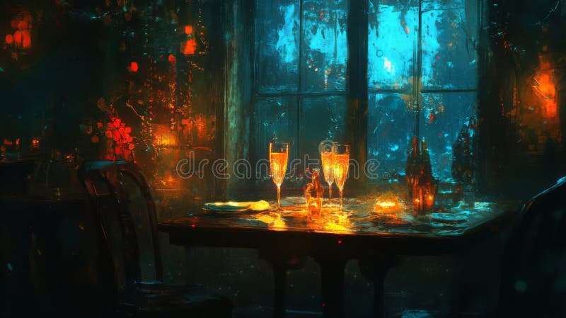 Romantic Dinner by the Window in a Dark Room Stock Illustration ...