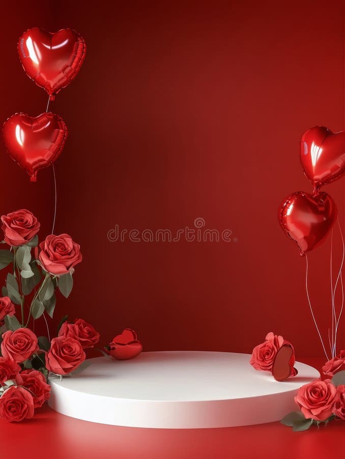 Romantic Display with Red Heart Balloons and Roses in a Decorated Space ...