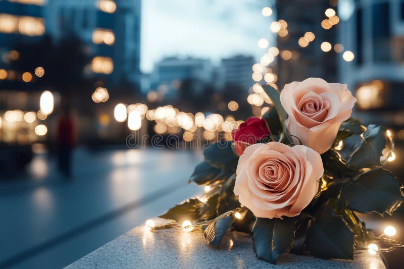 A Romantic Display of Roses Rests on a Ledge, Illuminated by Soft ...