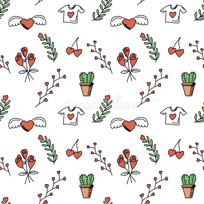 Romantic Doodle Pattern for Valentines Day. Vector Illustration Stock ...