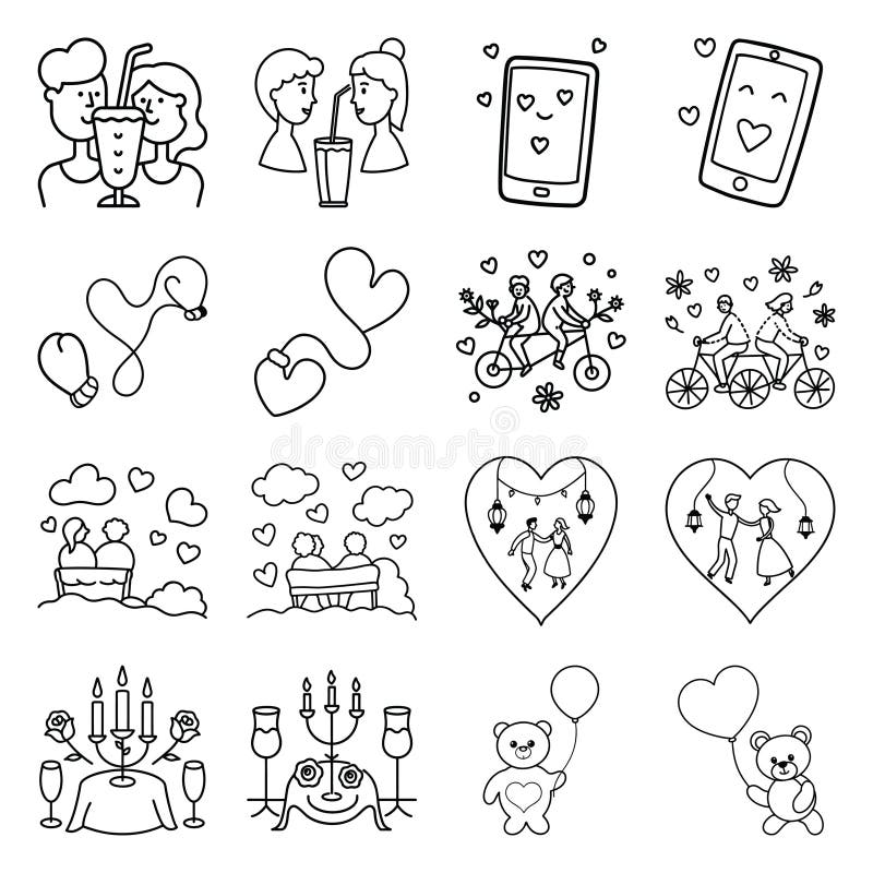 Romantic Doodle Vector Scenes and Elements for Valentine Day Stock ...