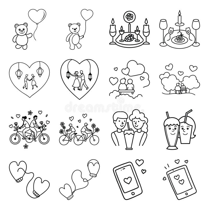 Romantic Doodle Vector Scenes and Elements for Valentine Day Stock ...
