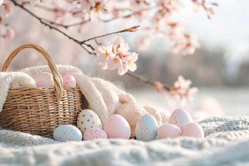 Romantic Easter Picnic Setting in a Pastel Color Palette, Wicker Basket ...