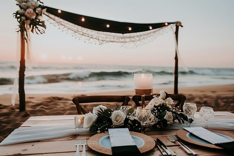 Romantic Elegant Beach Wedding Dinner Setup at Sunset with Candles and ...