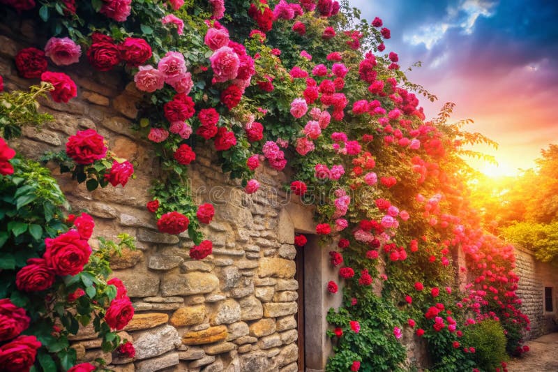 A Romantic Embrace Blooming Roses Drape an Ancient Stone Wall Capturing ...