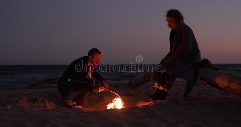 Romantic Evening at Campfire, Man Make a Fire Stock Footage - Video of ...