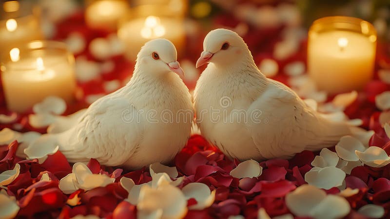 Romantic Evening by Candlelight with White Doves on Rose Petals Stock ...