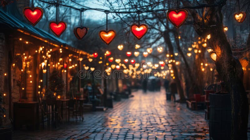 Romantic Evening City Street with Heart-Shaped Lights Stock ...
