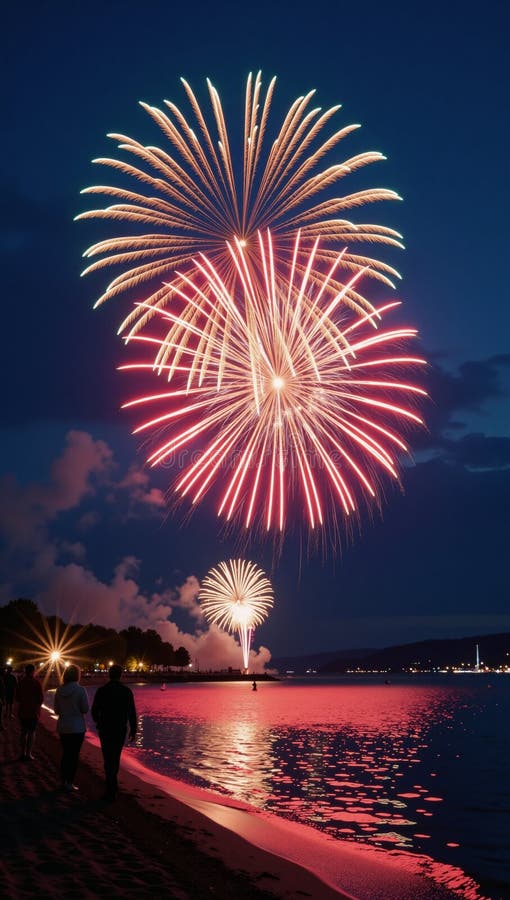 A Romantic Evening with Dazzling Firework Displays Stock Illustration ...