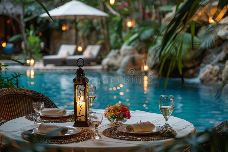 Romantic Evening Dinner by the Poolside Stock Image - Image of wine ...
