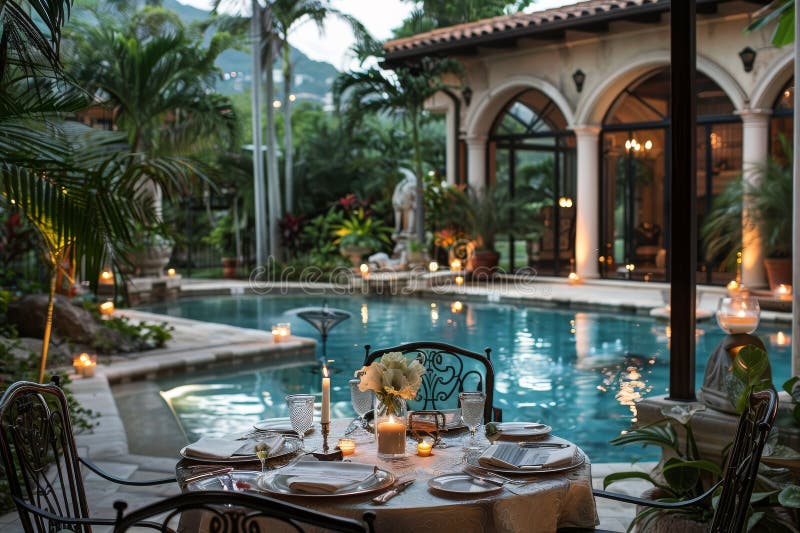 Romantic Evening Dinner by the Poolside Stock Image - Image of greenery ...