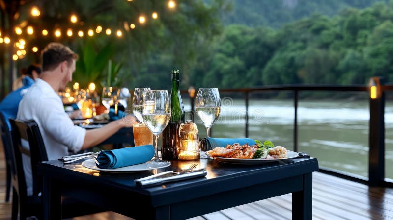 Romantic Evening Dinner on a Scenic Riverside Deck with Candlelight ...