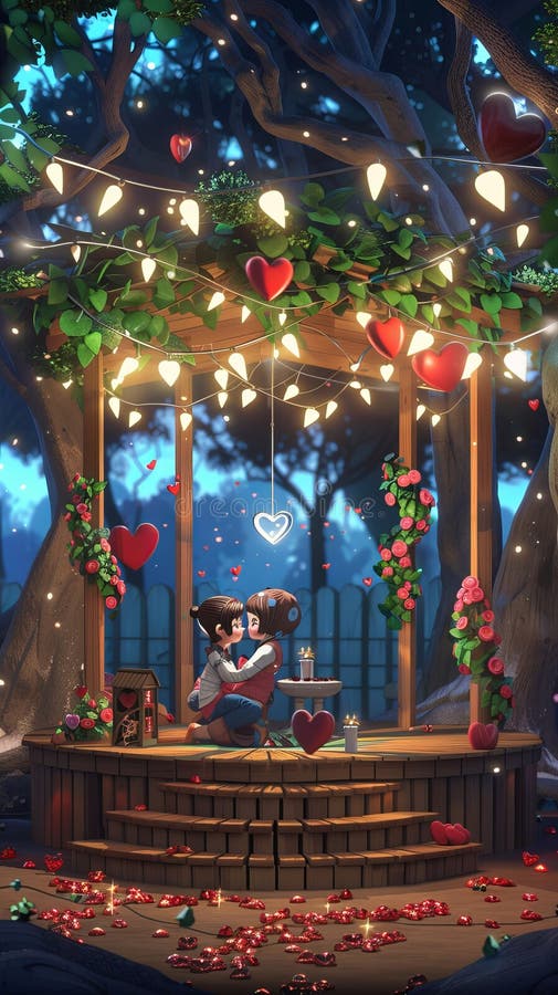 Romantic Evening in Enchanted Garden with Heart Lanterns and Blossoms ...