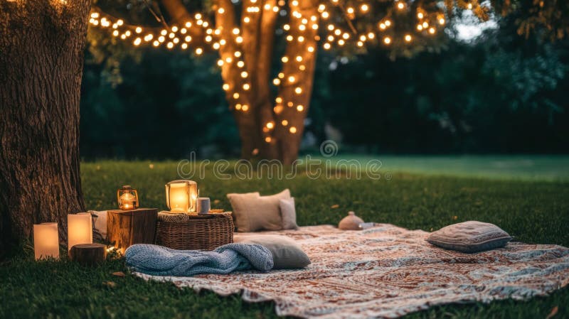 Romantic Evening Picnic Under String Lights Stock Illustration ...