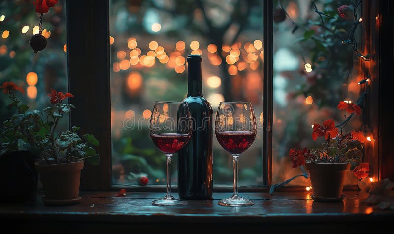 Romantic Evening Red Wine Glowing Lights Cozy Window Setting Stock ...