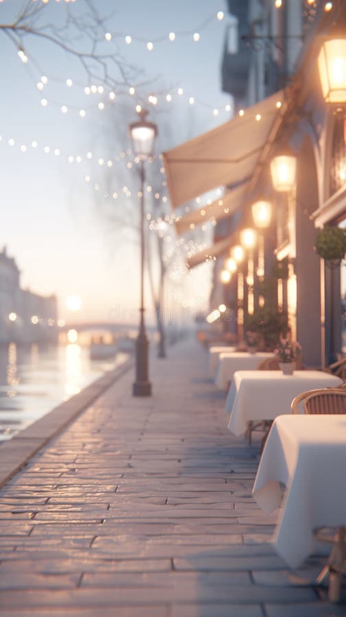 Romantic Evening at Riverside Cafe with String Lights Illuminating the ...