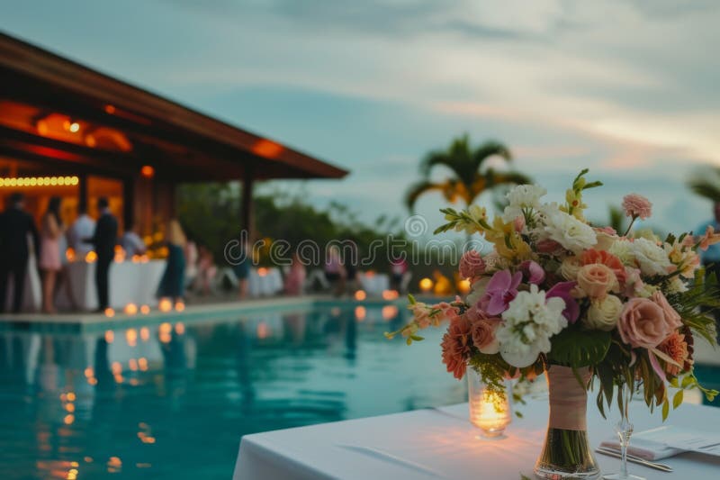 Romantic Evening Wedding Table by the Pool with Lanterns Stock Photo ...
