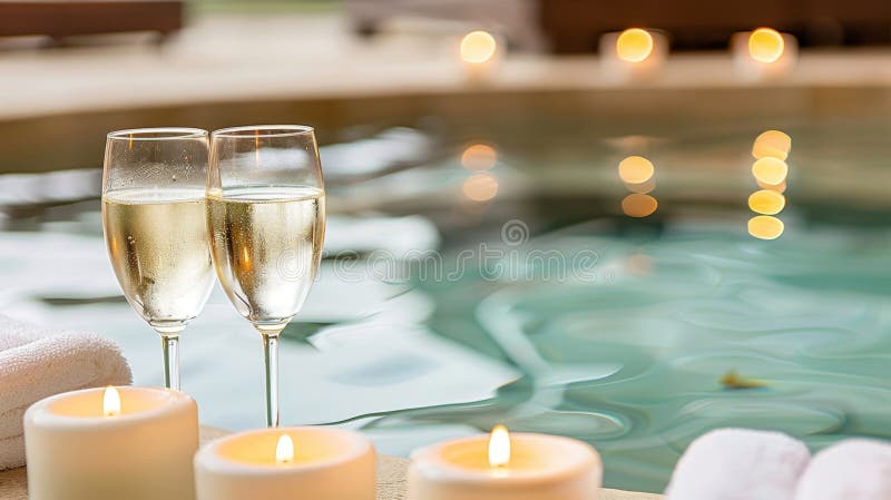 Romantic Evening, Wine Glasses and Candlelight by the Bath. Generative ...