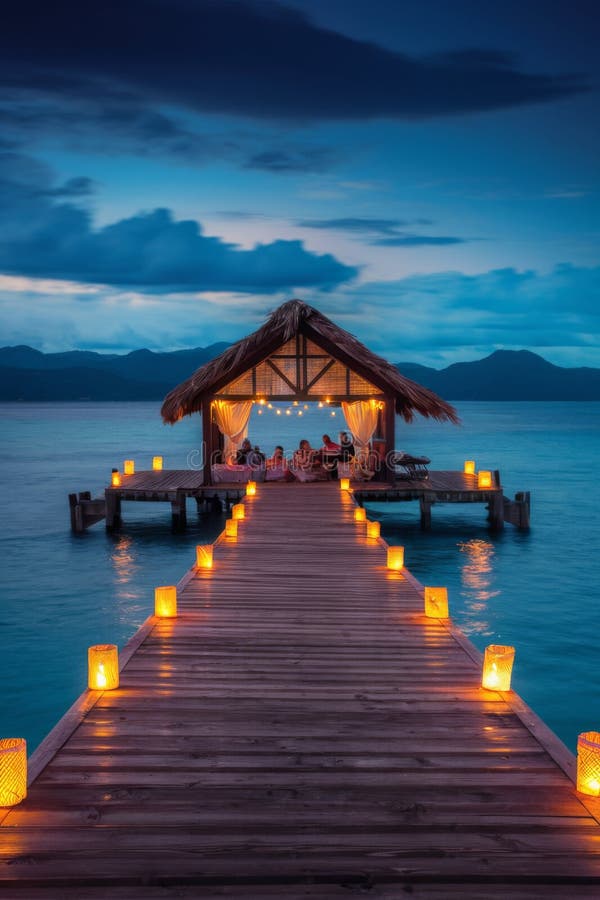 Romantic Evening on Wooden Pier with Lanterns by Ocean at Sunset Stock ...