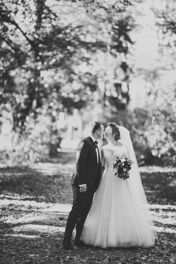 Romantic Fairytale Happy Newlywed Couple Hugging And Kissing In A