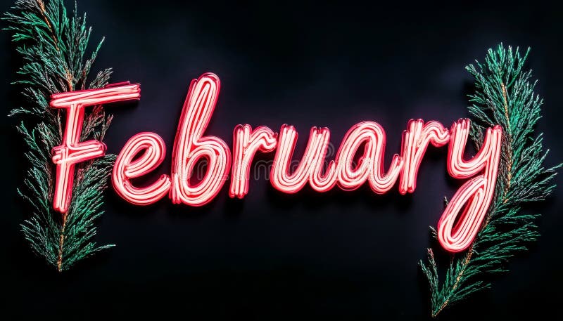 Romantic February Neon Sign on Dark Background with Pine Branches for ...
