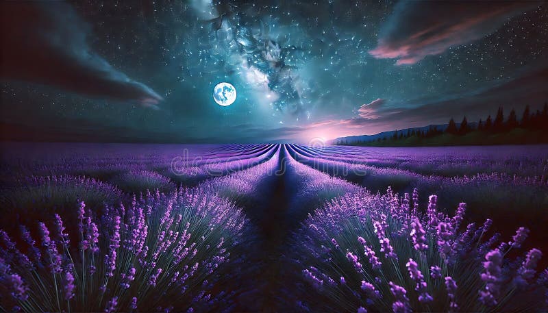 Romantic Field of Blooming Lavender Under the Soft Glow of a Full Moon ...