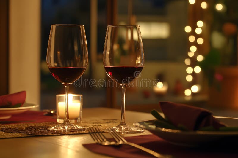 Romantic Fine Dining Table with Two Wine Glasses and Candlelit Gourmet Dinner Stock Illustration ...