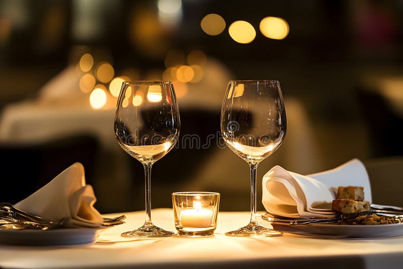 Romantic Fine Dining Table with Two Wine Glasses and Candlelit Gourmet Dinner Stock Illustration ...