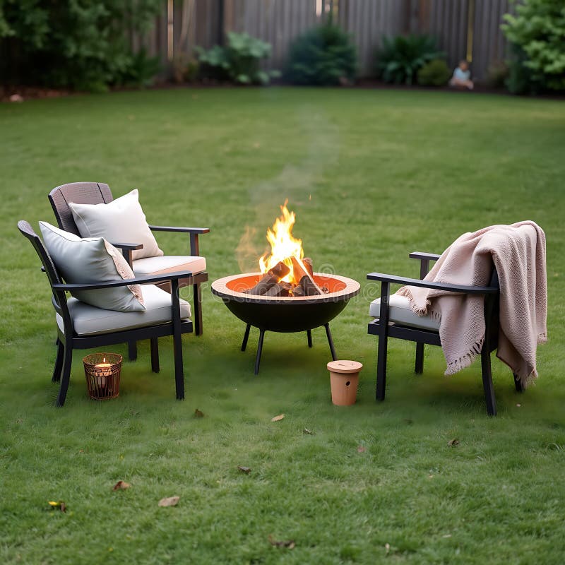 Romantic Fire Pit Setup with a Small Round Fire Pit Two Chairs with ...