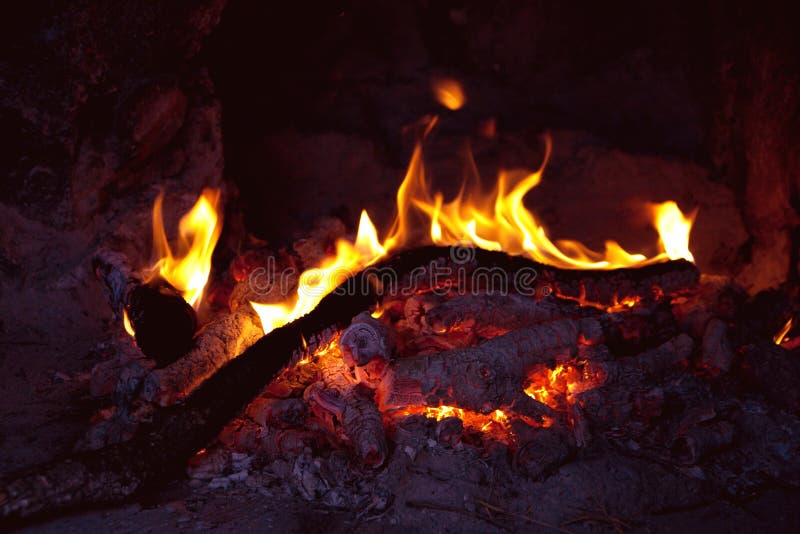 Romantic Fireplace with a Burning Fire. Stock Image - Image of firewood ...