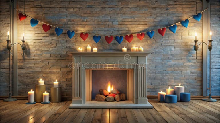 Romantic Fireplace Setting with Burning Fire and Heart Garland ...