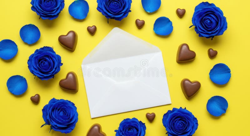 Romantic Flat Lay with Blue Roses and Chocolate Hearts on Yellow ...