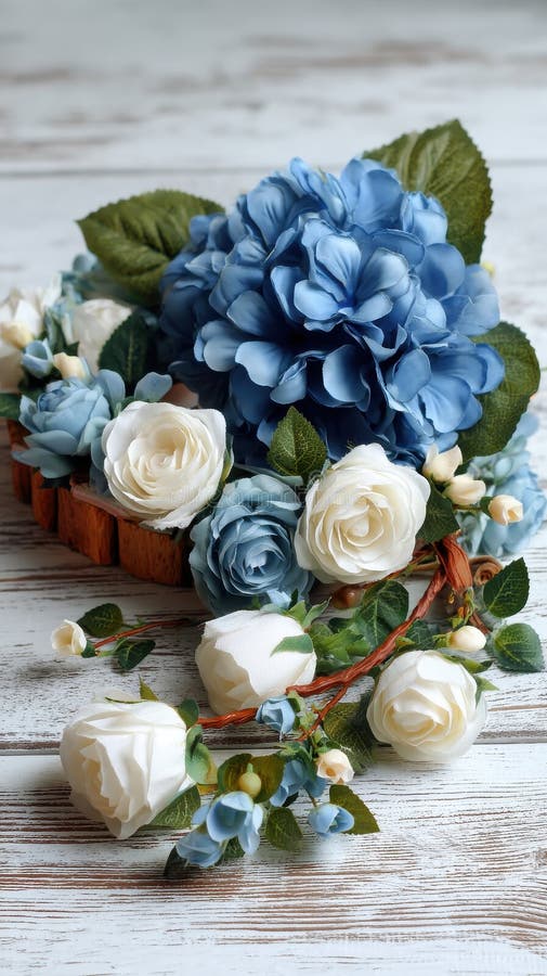 Romantic Floral Arrangement Featuring Hydrangeas and Roses on a Rustic ...